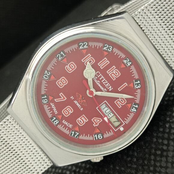 Citizen | Accessories | Vintage 982 Citizen Automatic Mens Silver Watch Wdaydate Red Accents ...